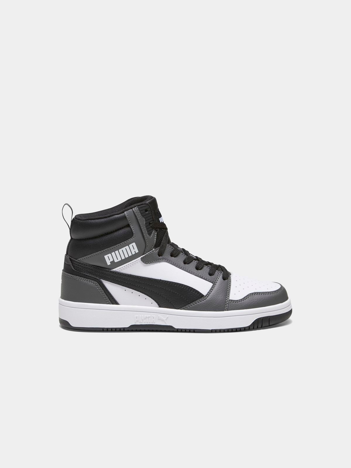 Mens Puma Rebound V6 Grey/White/Black Mid Sneakers - Bash.com