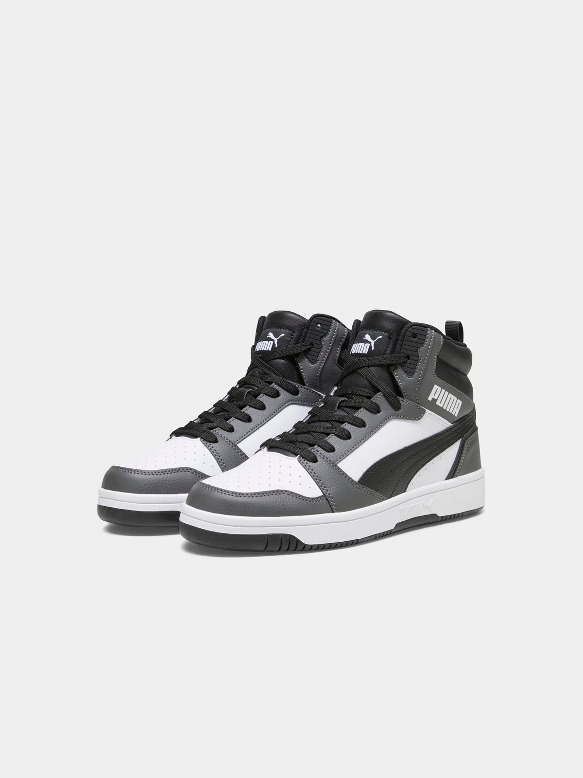 Mens Puma Rebound V6 Grey/White/Black Mid Sneakers - Bash.com