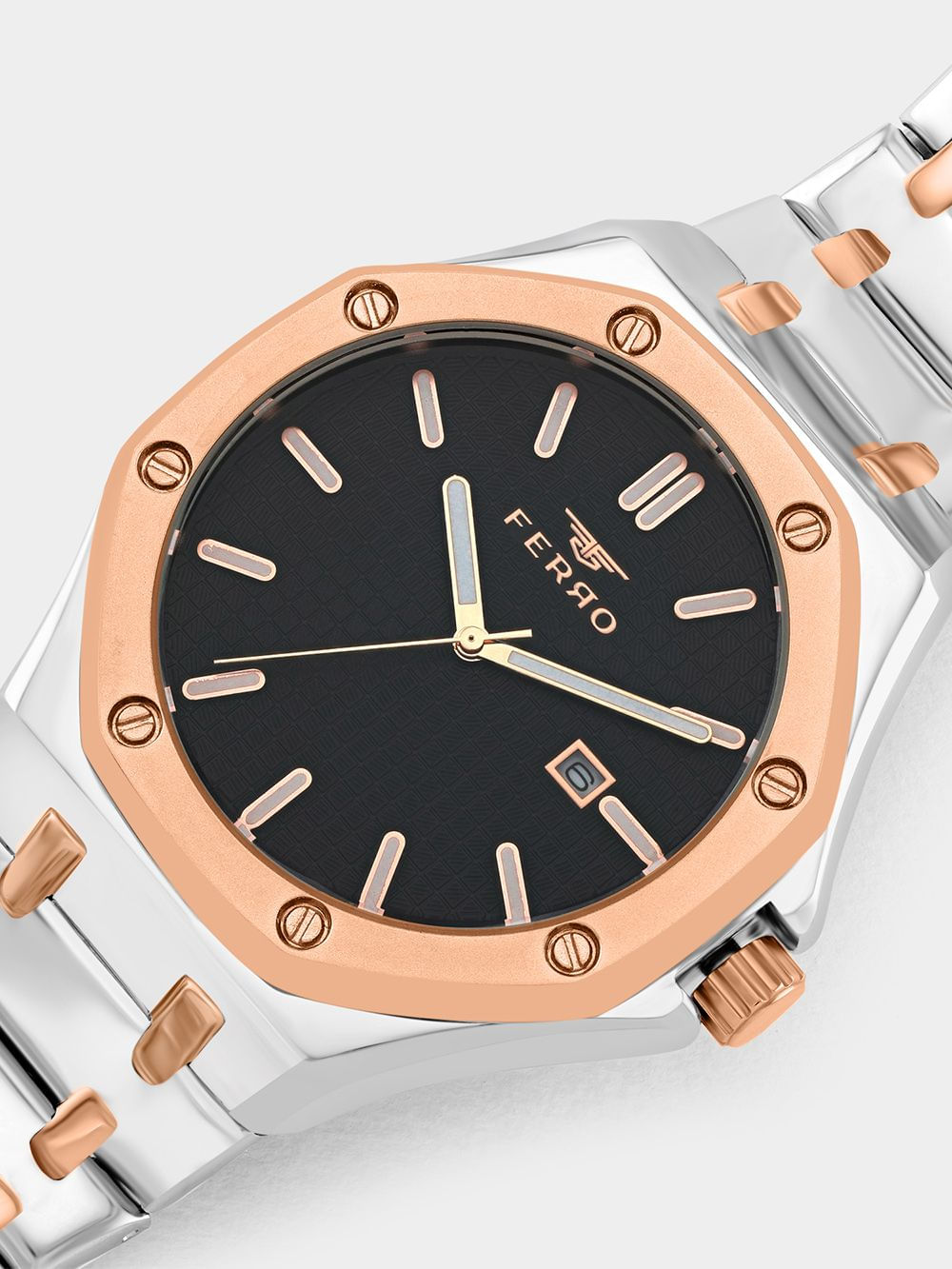 Ferro Rose Plated Black Dial Bracelet Watch - Bash.com