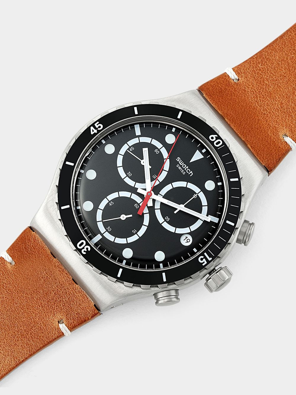 Swatch Disordely Stainless Steel & Tan Leather Chronograph Watch - Bash.com