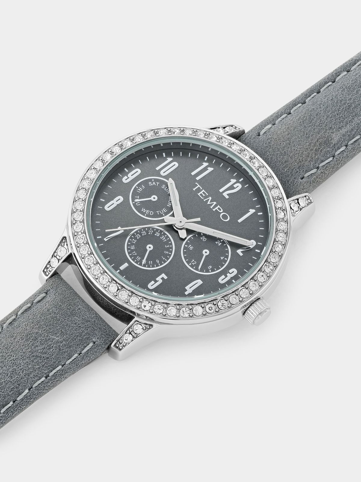 Tempo Silver Plated Gunmetal Dial Grey Leather Watch | Bash