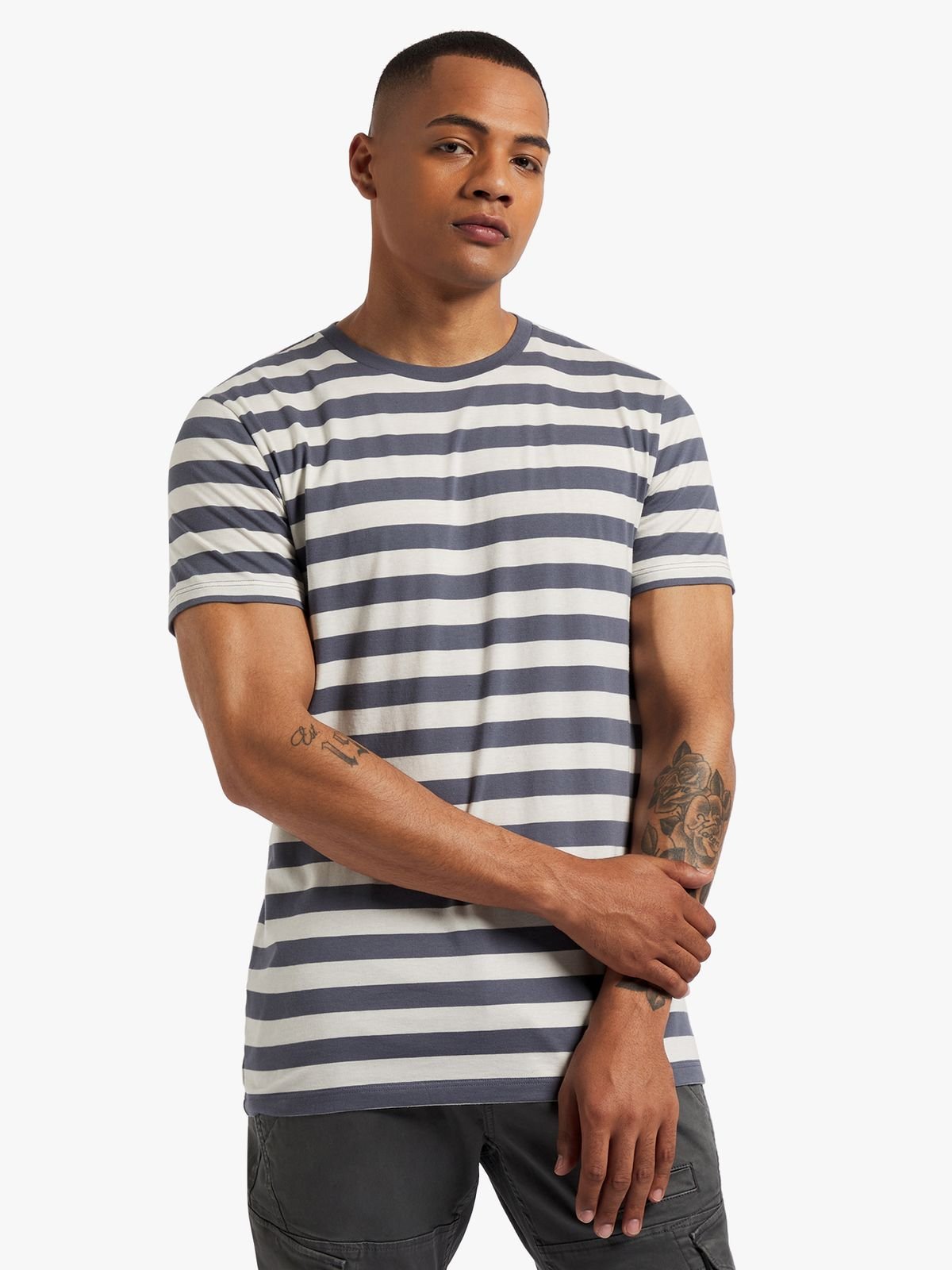 Markham Men's Horizontal Stripe Grey/Milk T-Shirt | Bash