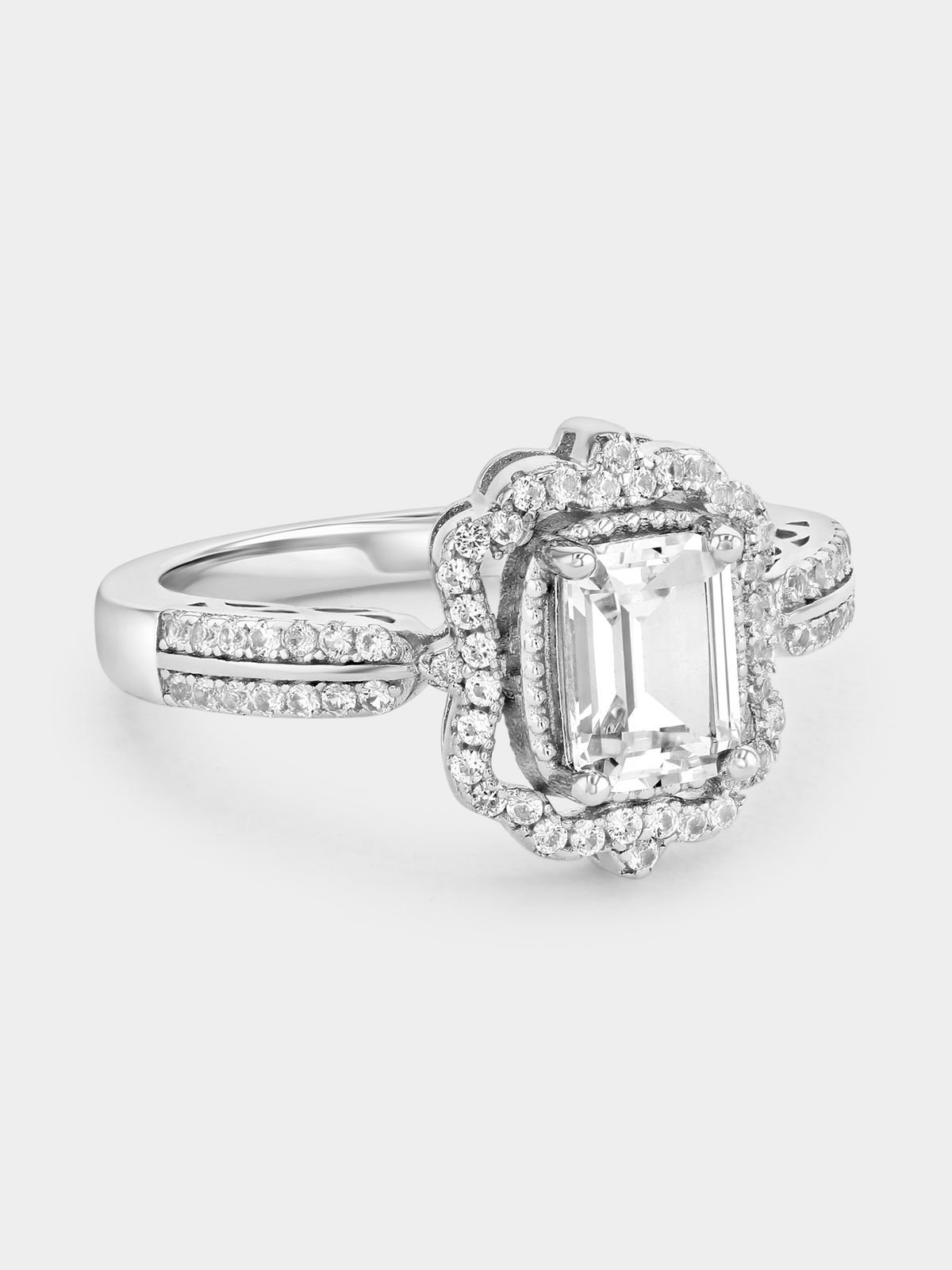 Sterling Silver Diamond & Created Sapphire Rectangle Halo Ring - Bash.com