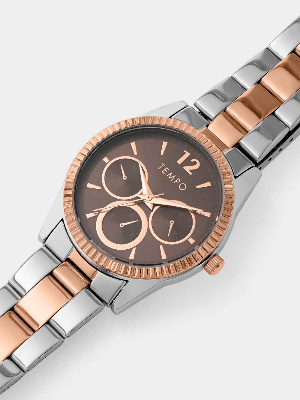 Tempo Women’s Silver & Rose Plated Coin Edge Brown Dial Bracelet Watch ...