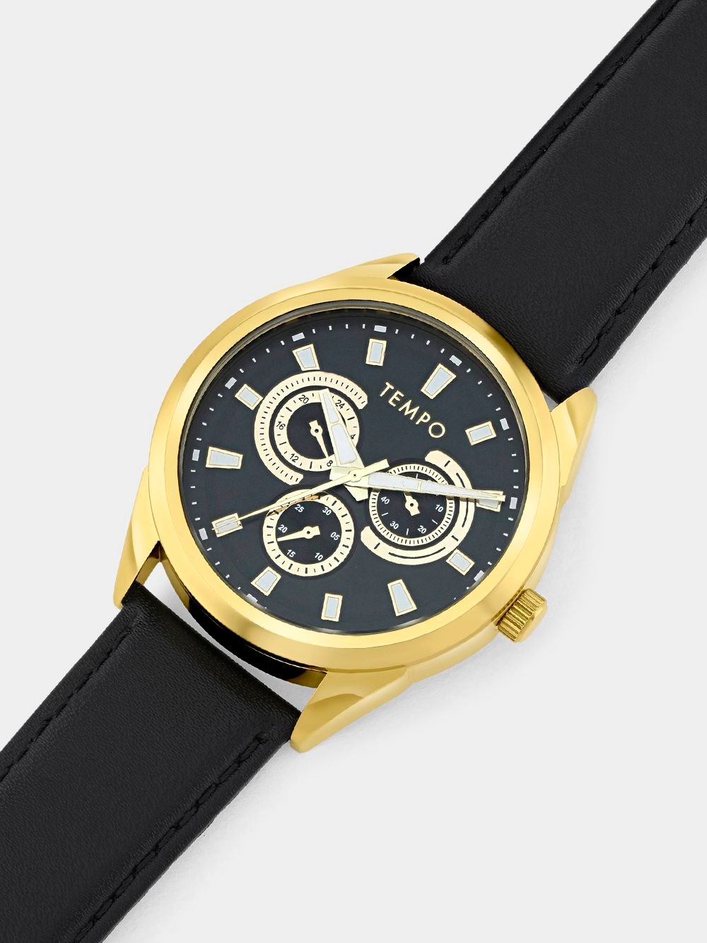 Tempo Gold Plated Black Fashion Multi Dial Black Leather Watch | Bash