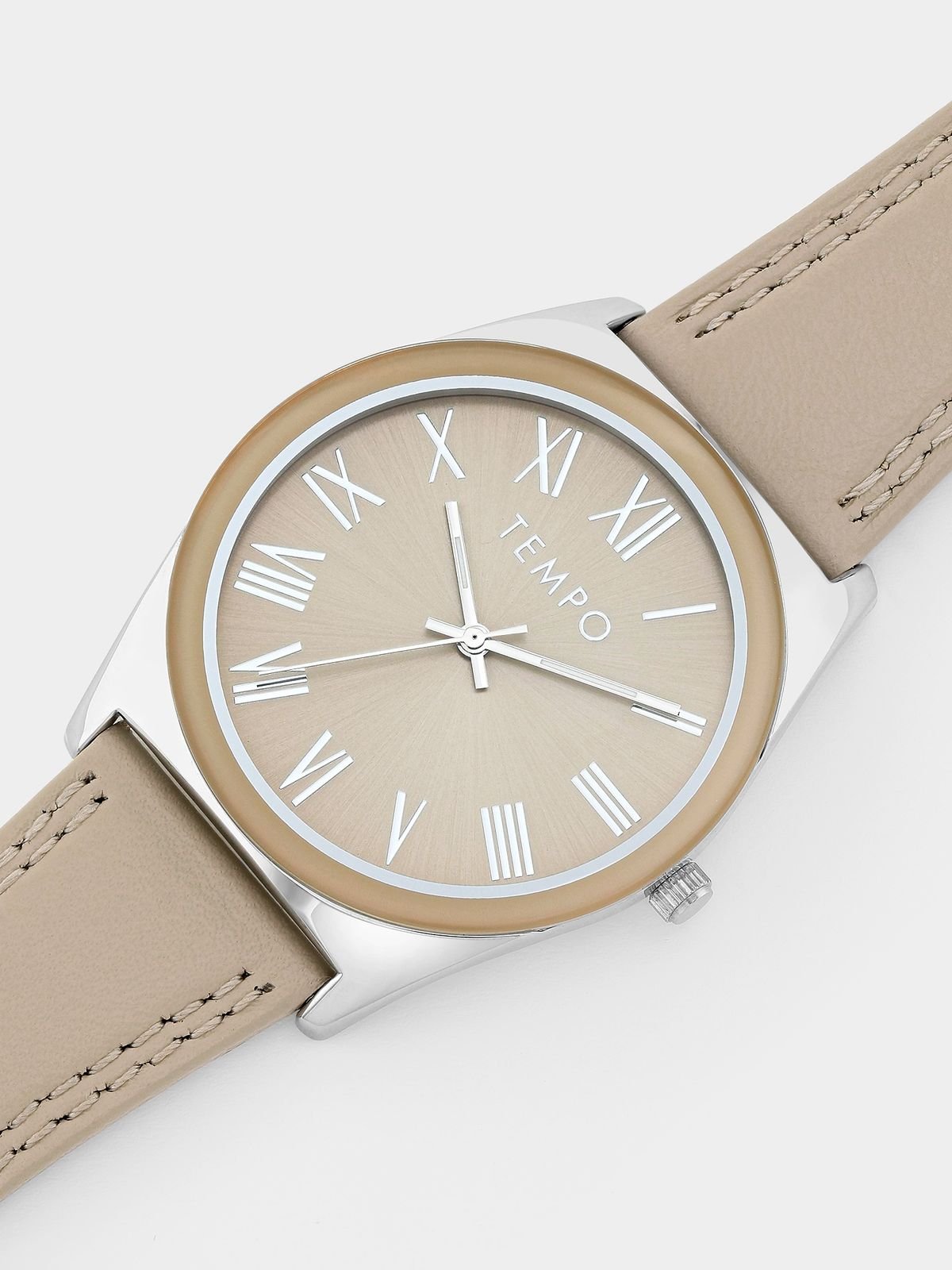 Tempo Silver Plated Beige Dial Sand Leather Watch | Bash
