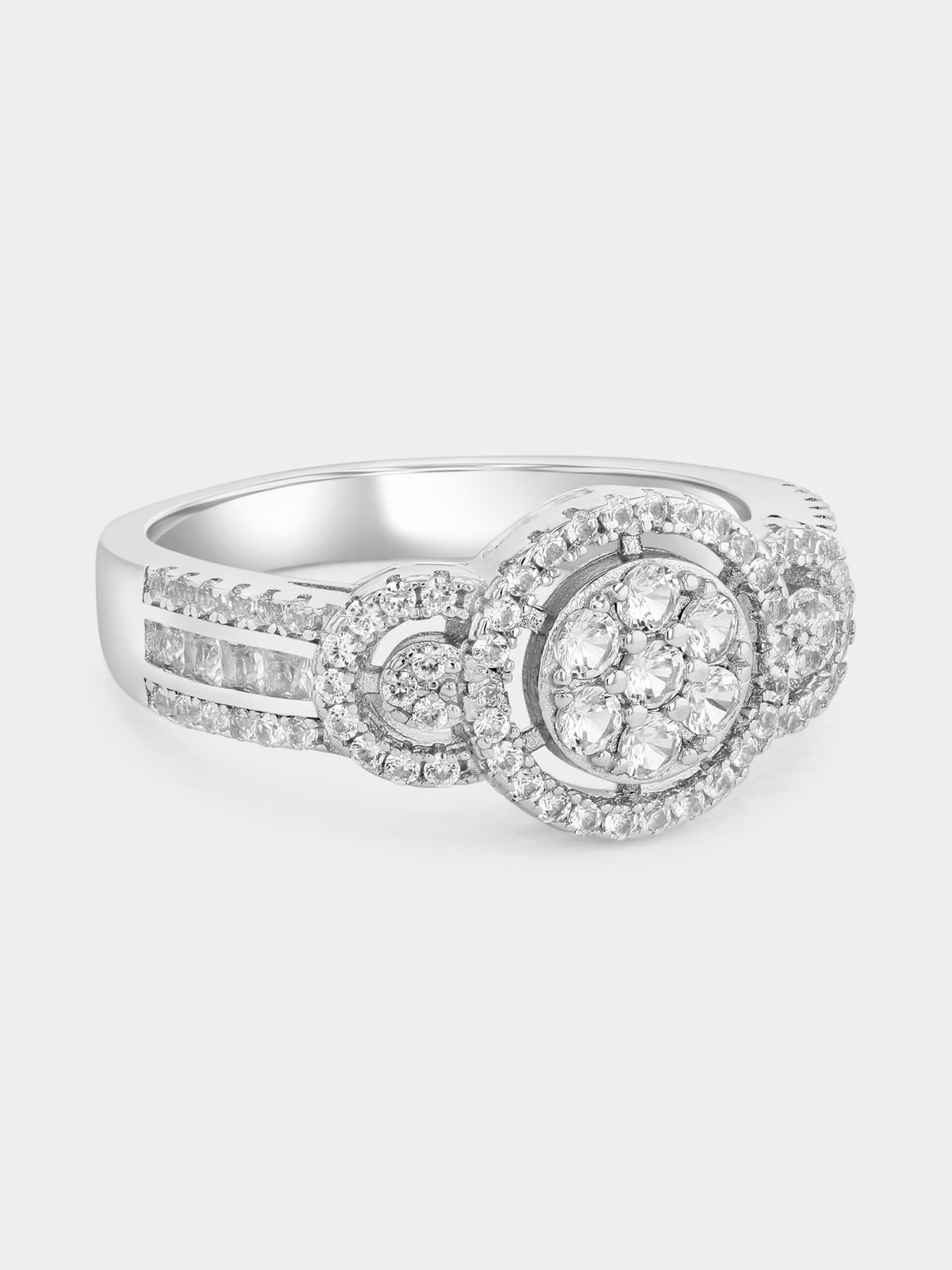 Sterling Silver Diamond & Created Sapphire Round Cluster Trio Ring | Bash