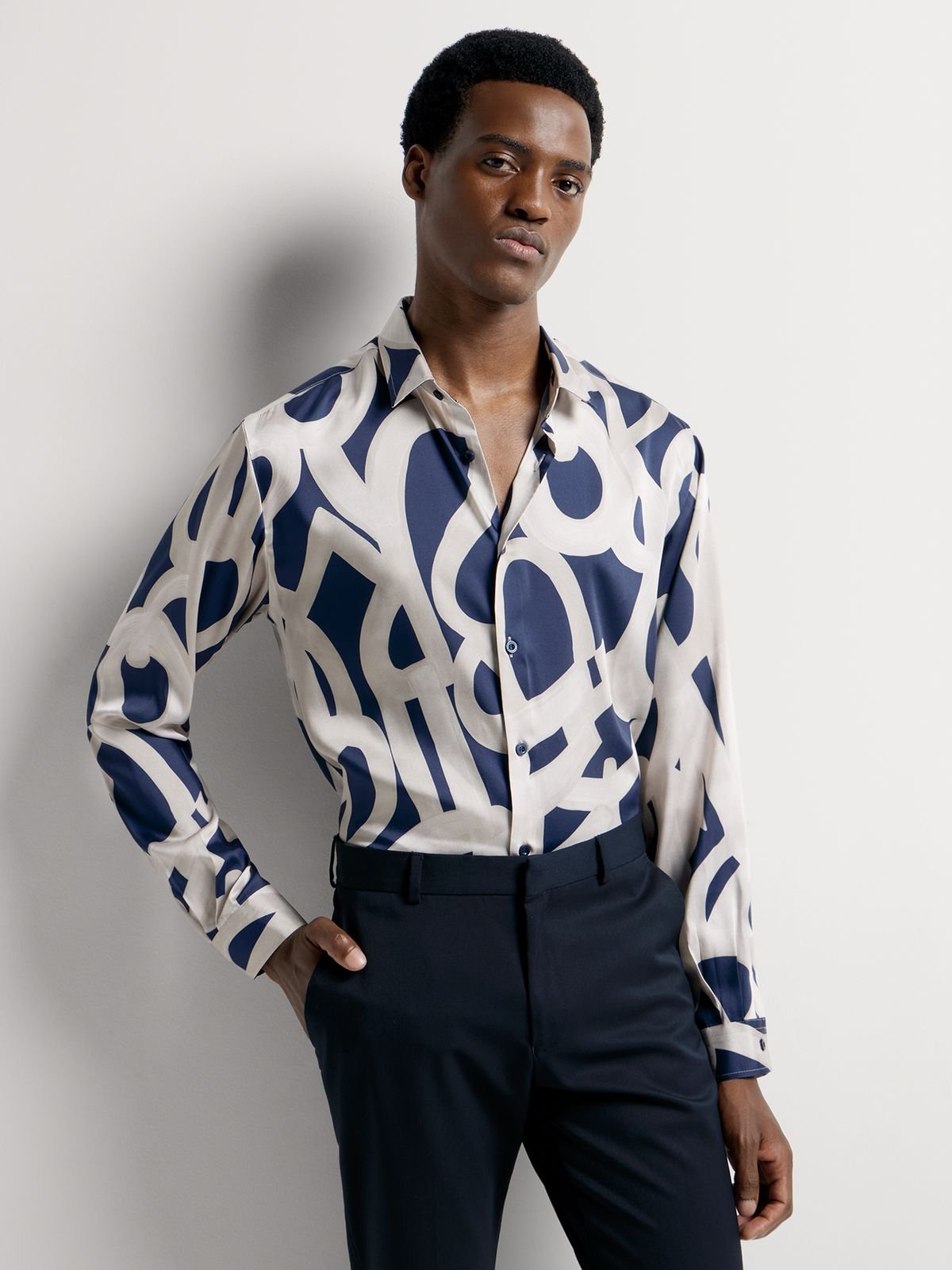 Men's Markham Pattern Satin Brush Art Blue Shirt | Bash