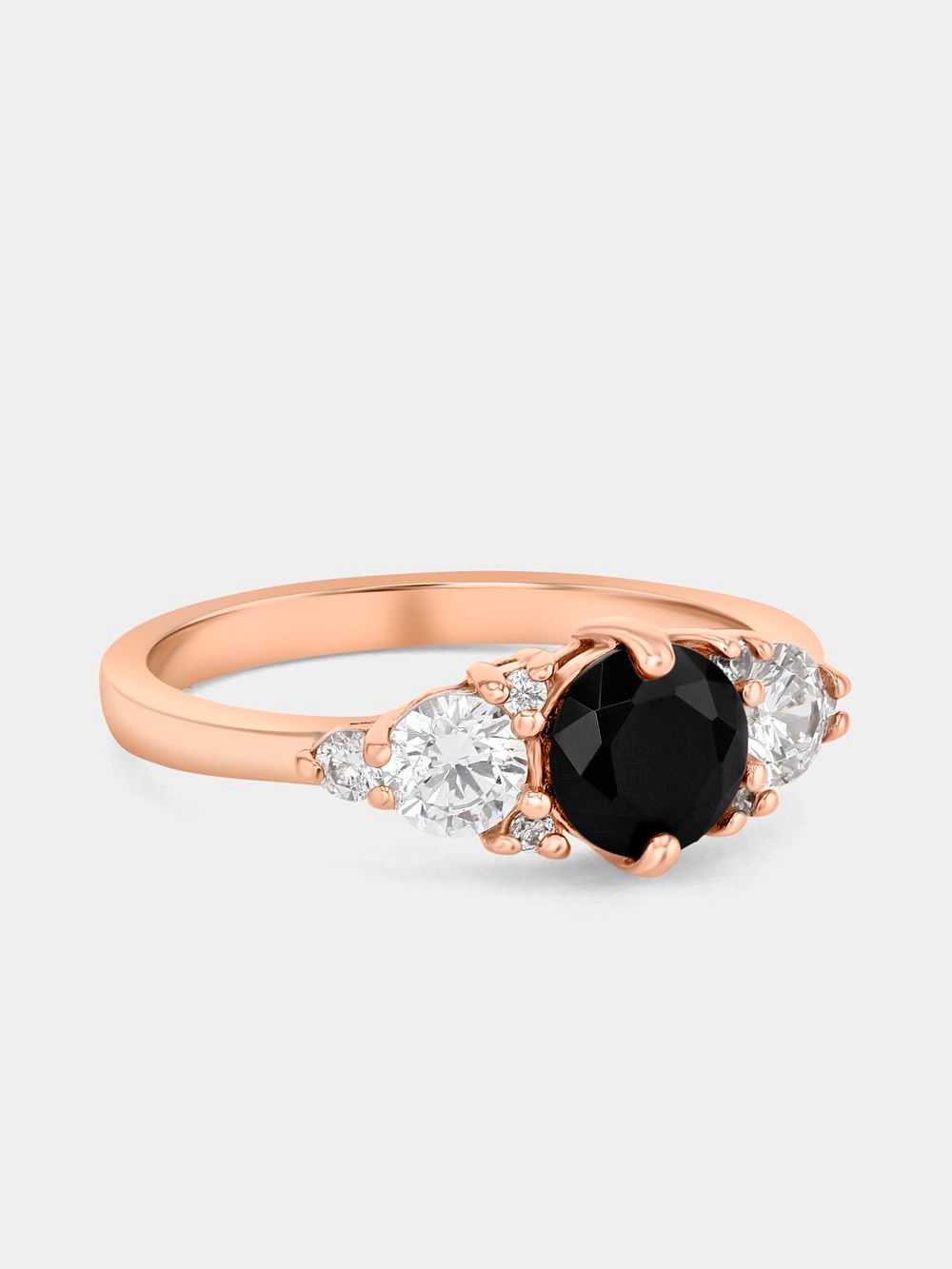 Rose Plated Sterling Silver Black & White Cubic Zirconia Trilogy Ring ...