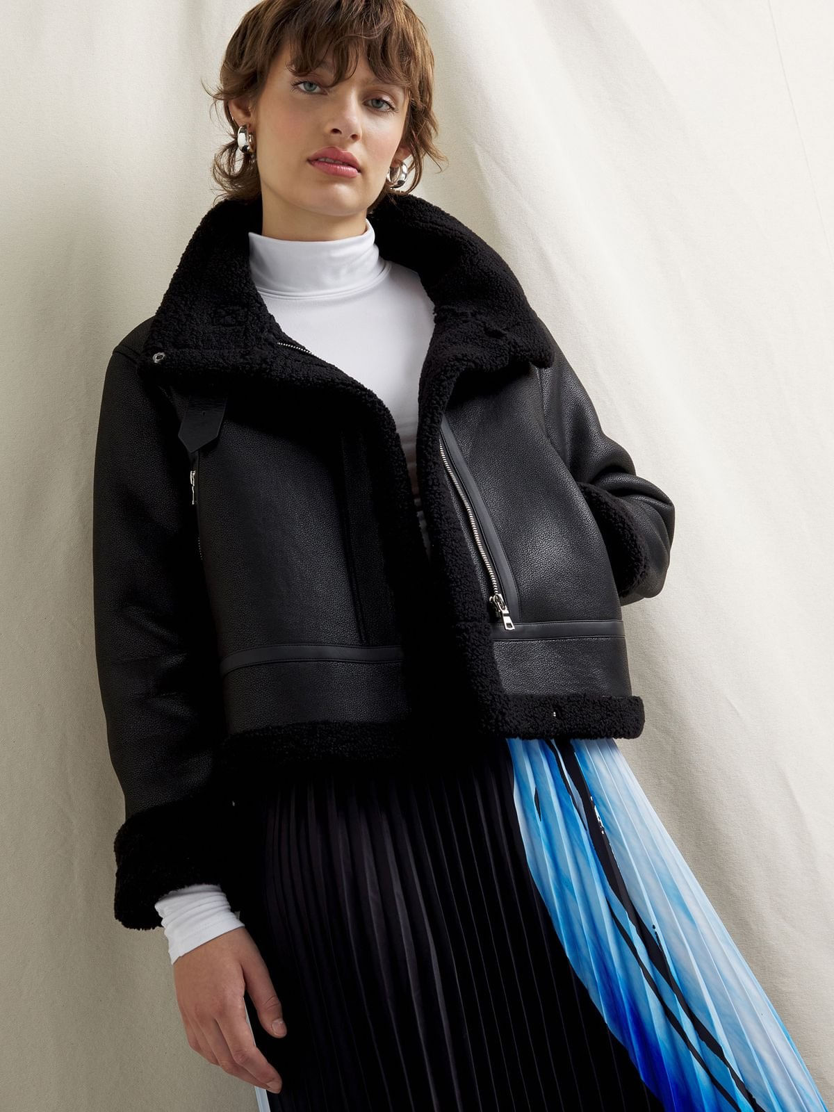 Women's Canvas Shearling Biker Jacket Black | Bash