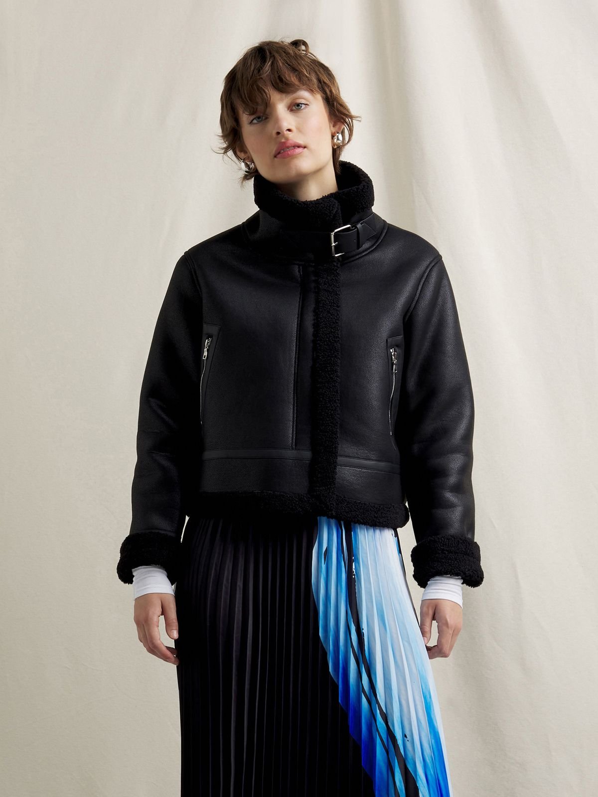 Women's Canvas Shearling Biker Jacket Black | Bash