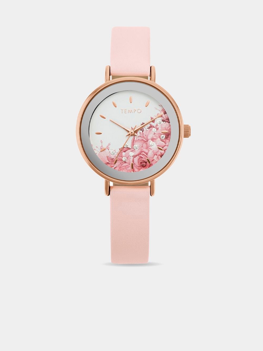 Tempo Ladies Rose Toned Pink Leather Watch With Floral Detail | Bash