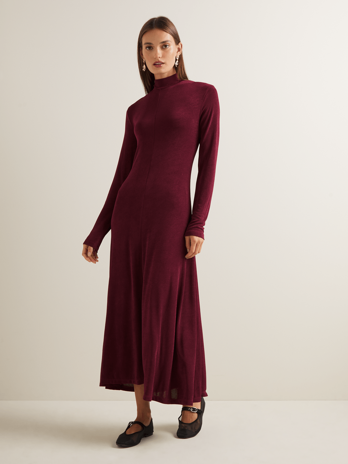 Women's Iconography Funnel Neck Fit & Flare Maxi Dress Burgundy | Bash