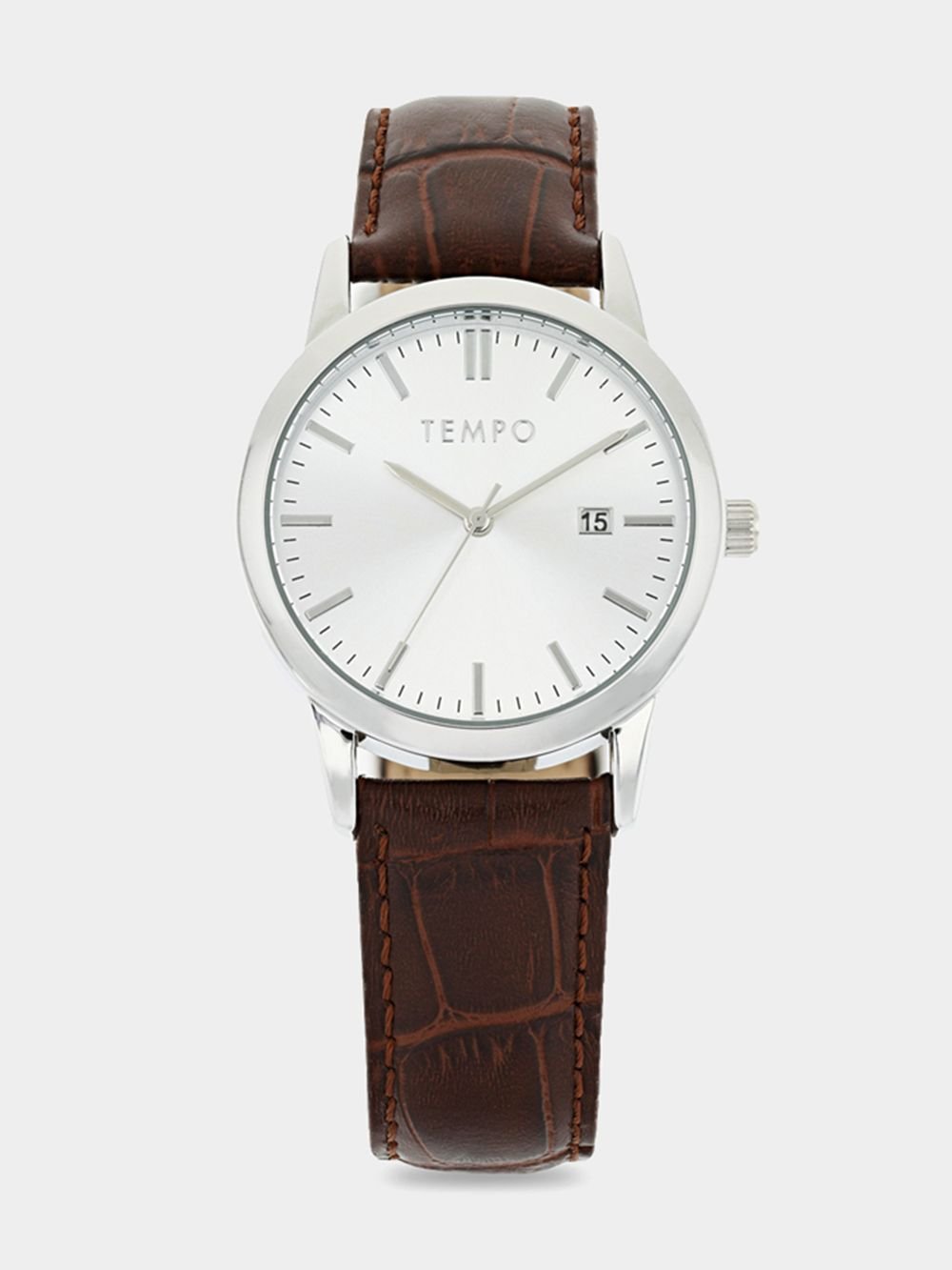 Tempo Men's Silver Toned Brown Leather Watch With Date Function | Bash