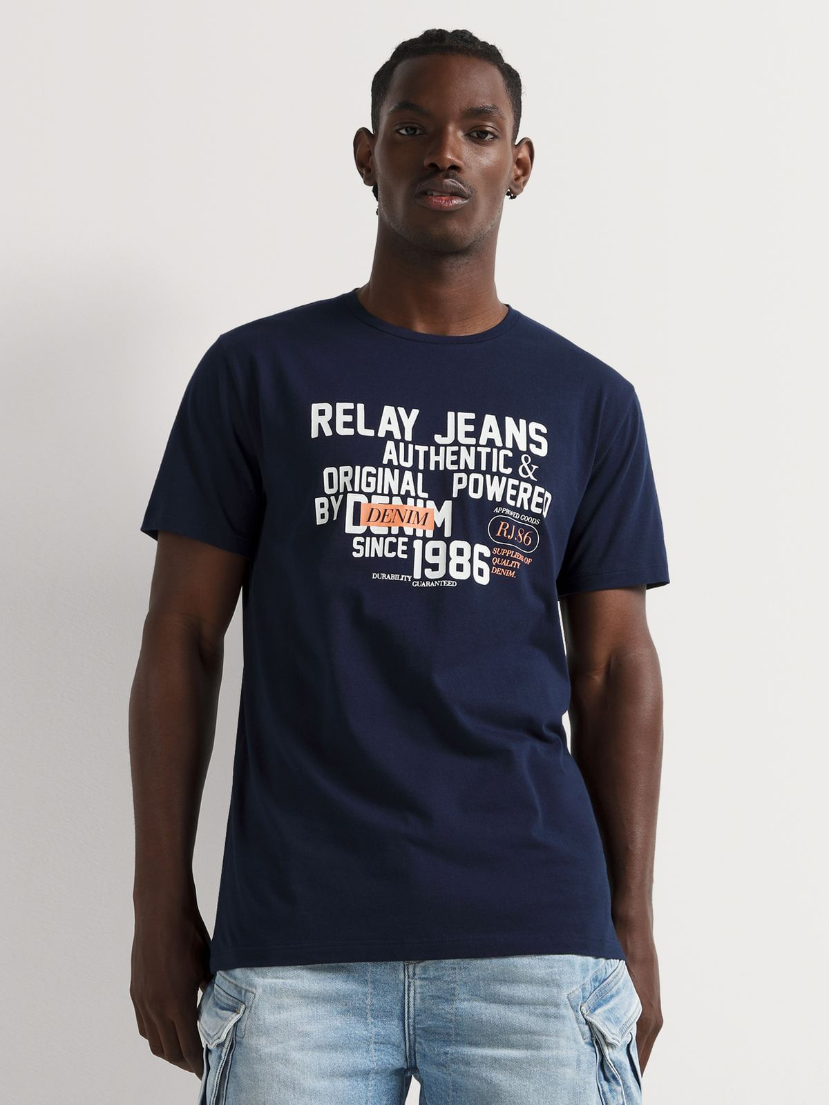 Men's Relay Jeans Slim Fit Tape Text Graphic Navy T-Shirt - Bash.com