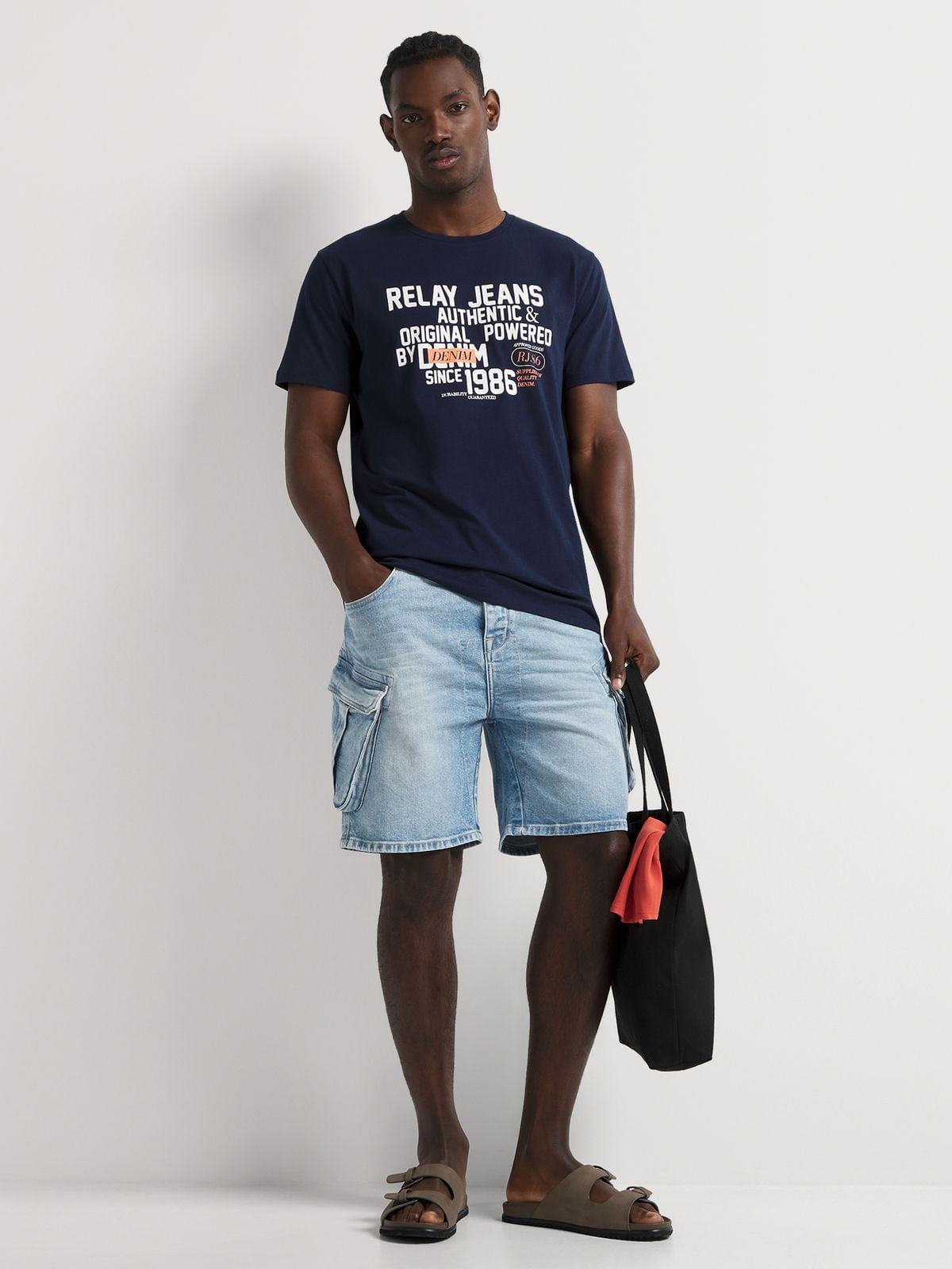 Men's Relay Jeans Slim Fit Tape Text Graphic Navy T-Shirt - Bash.com
