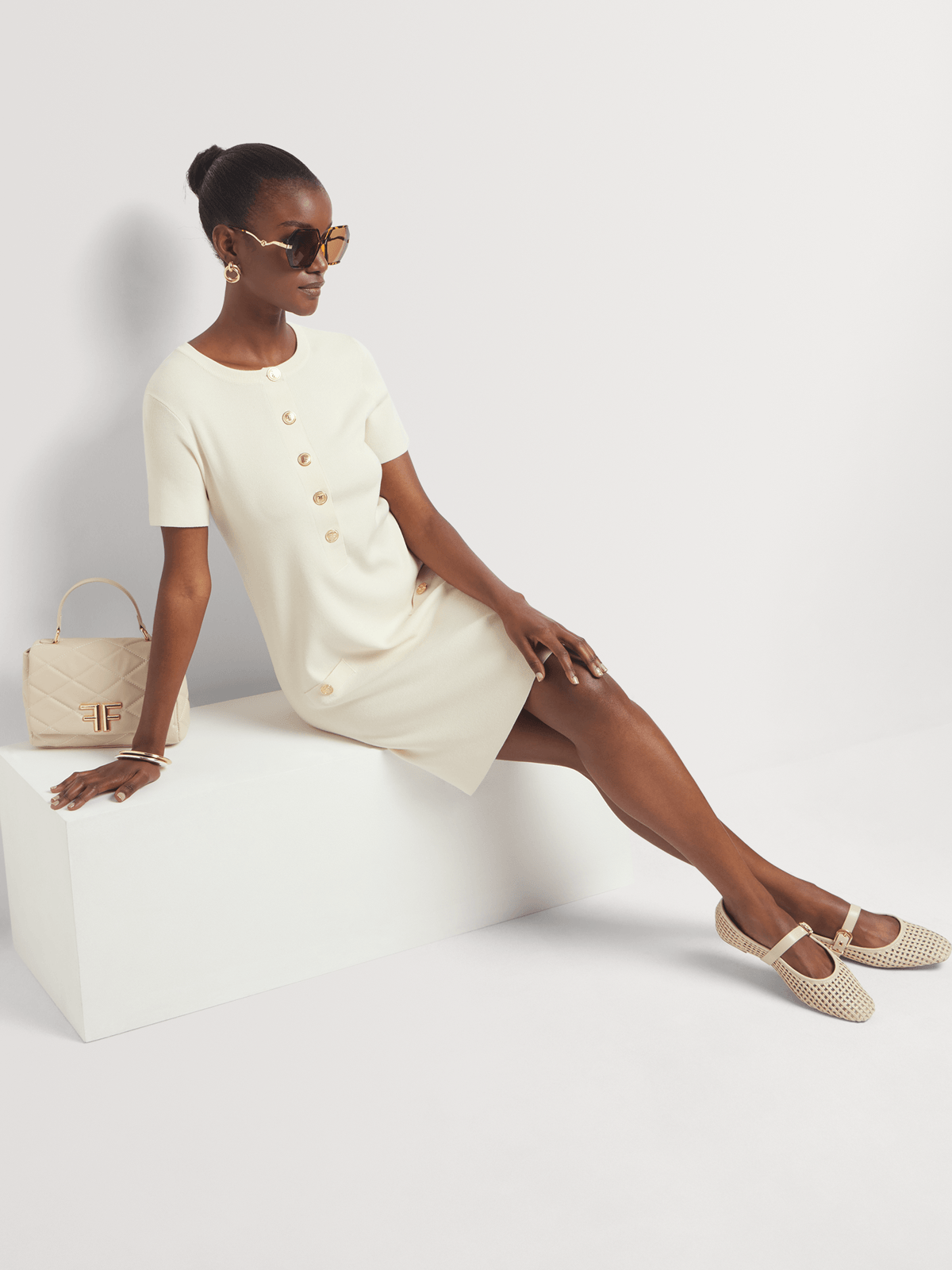 Button Knit Shift Dress | Bash