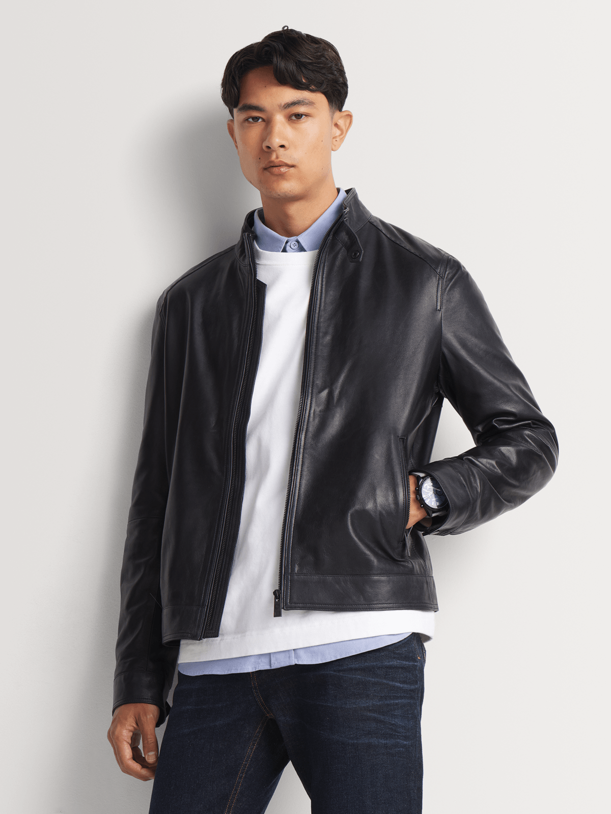 Fabiani Men's Navy Leather Jacket | Bash