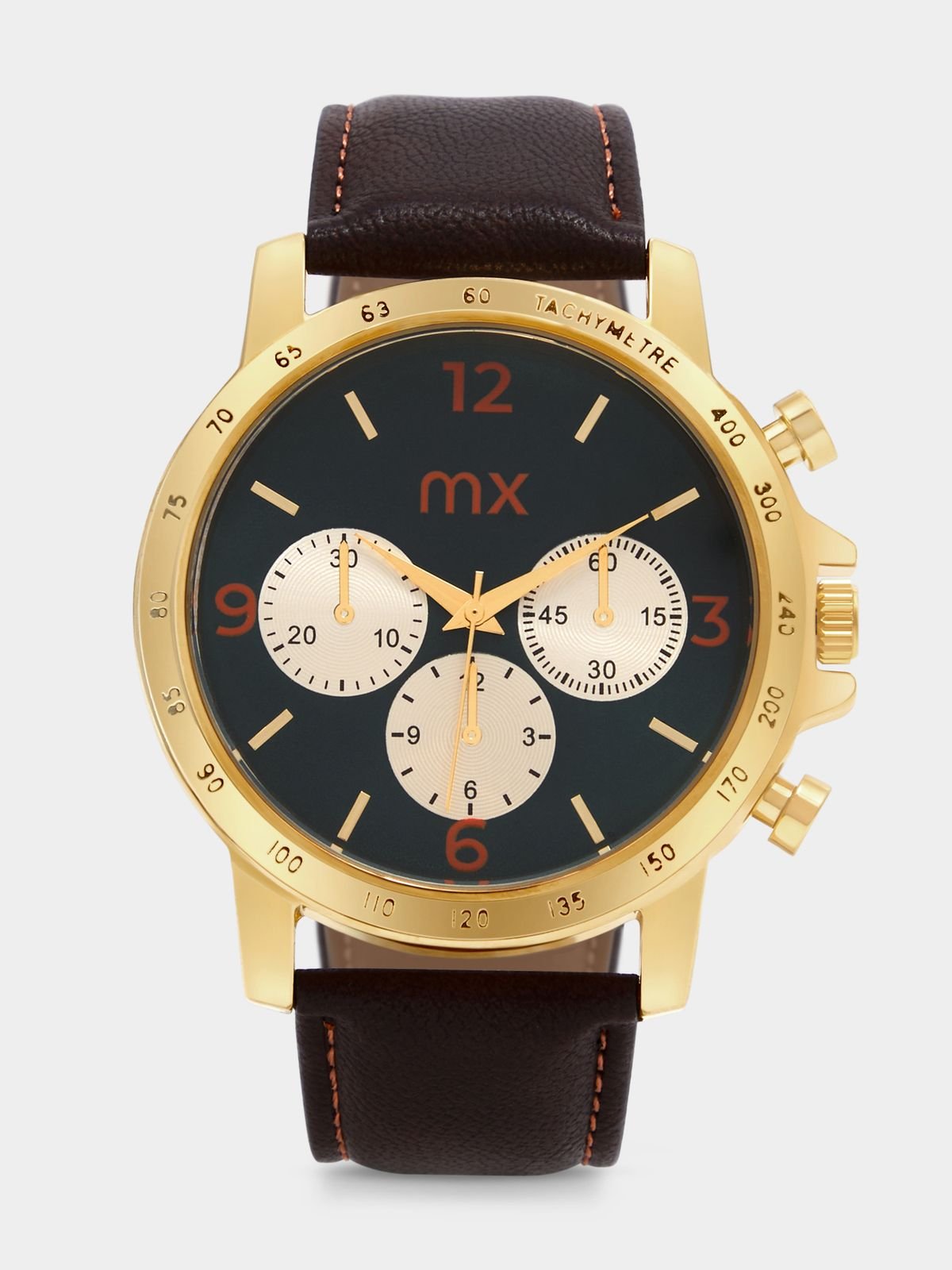 MX Gold Plated Green & Gold Tone Dial Brown Faux Leather Watch | Bash