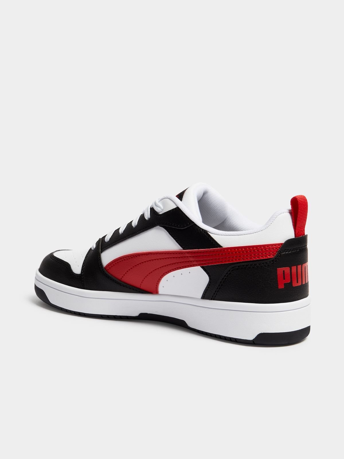 Mens Puma Rebound V6 LowWhite/Black/Red Sneaker | Bash