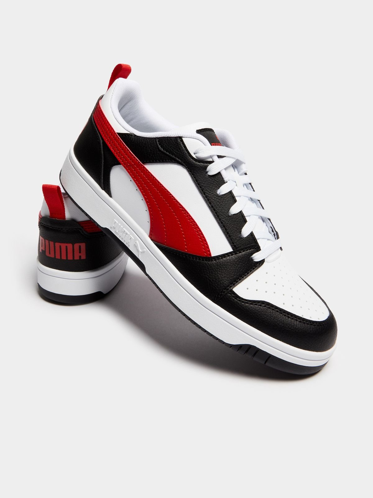 Mens Puma Rebound V6 LowWhite/Black/Red Sneaker | Bash