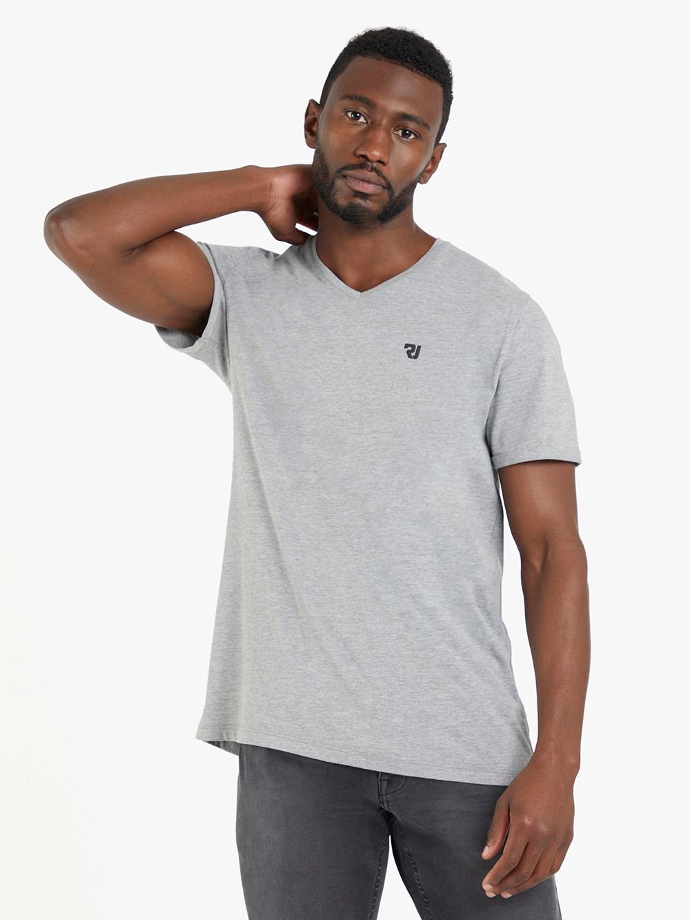 Men's Relay Jeans Branded V-Neck Slim Fit Basic Grey T-Shirt | Bash