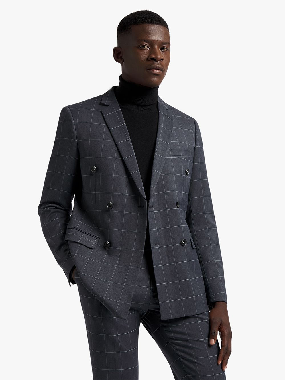 Men's Markham Slim Double Breasted Check Charcoal Suit Jacket | Bash
