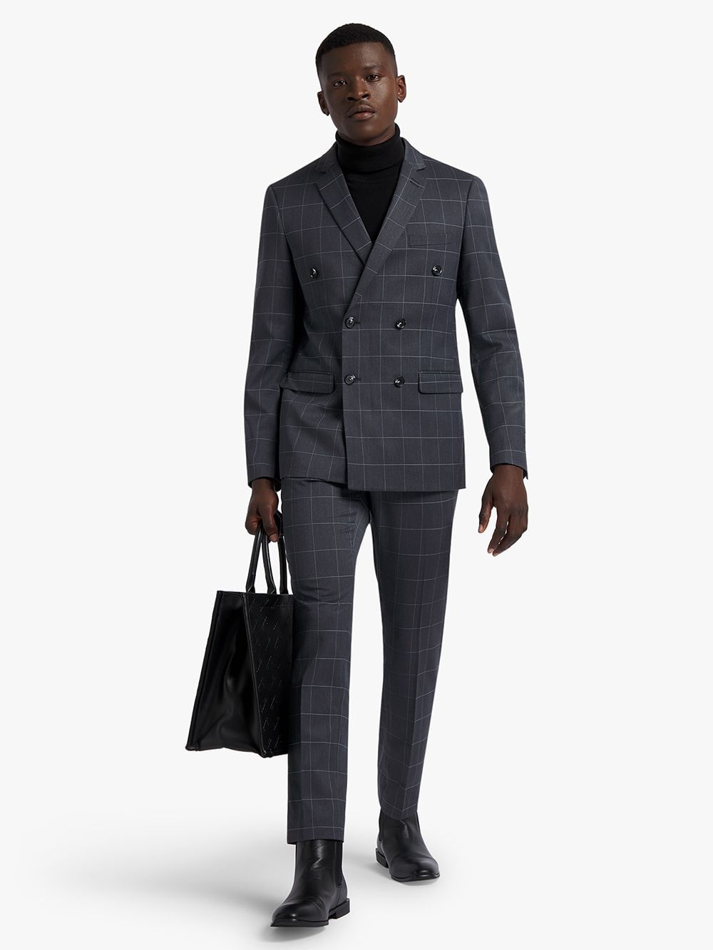 Men's Markham Slim Double Breasted Check Charcoal Suit Jacket | Bash