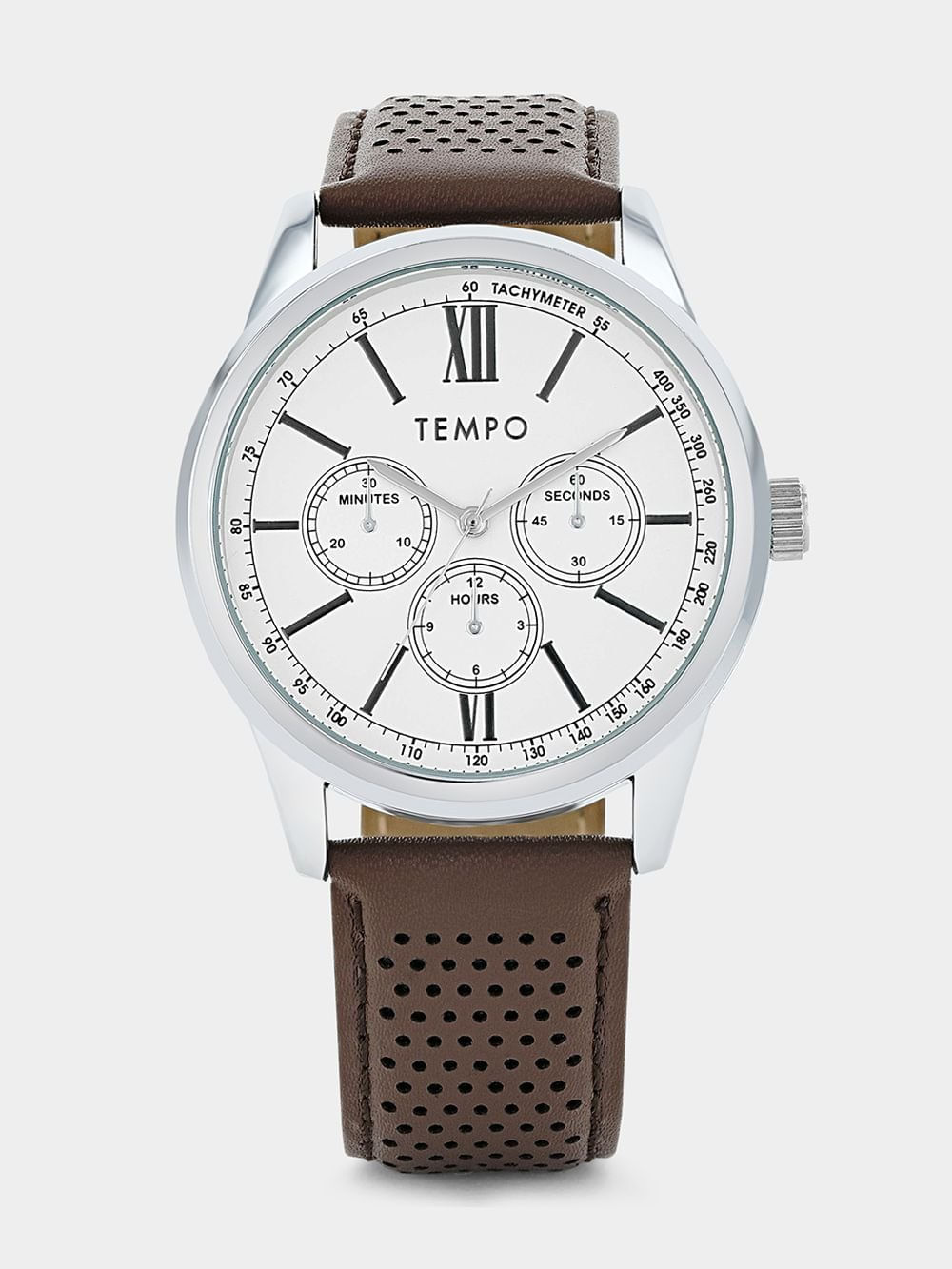 Tempo Men’s Silver Plated Beige Dial Brown Leather Watch | Bash