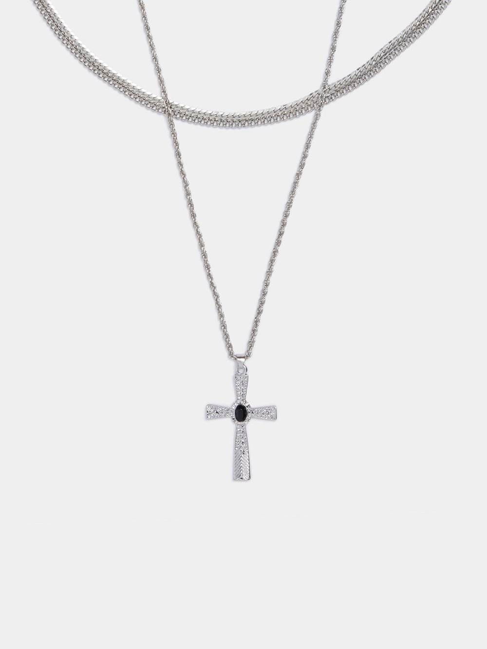 Markham Men's Jet Stone Cross Pendant Silver Necklace Set | Bash
