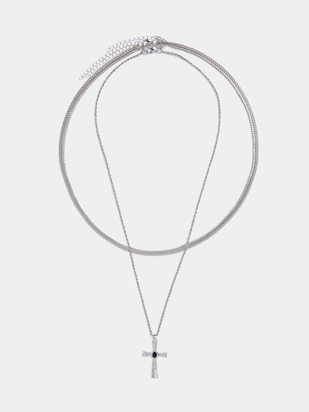 Markham Men's Jet Stone Cross Pendant Silver Necklace Set | Bash