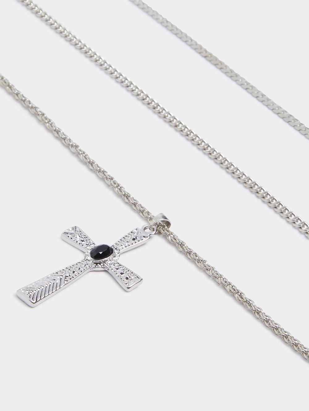 Markham Men's Jet Stone Cross Pendant Silver Necklace Set | Bash