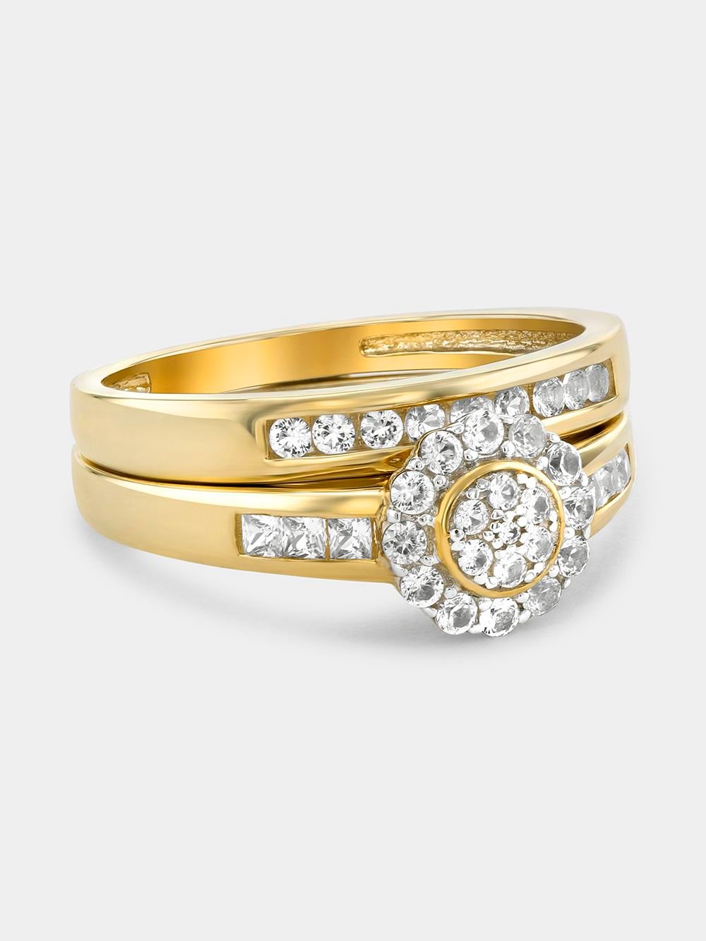 Yellow Gold Diamond & Created Sapphire Round Halo Channel Twinset Ring ...