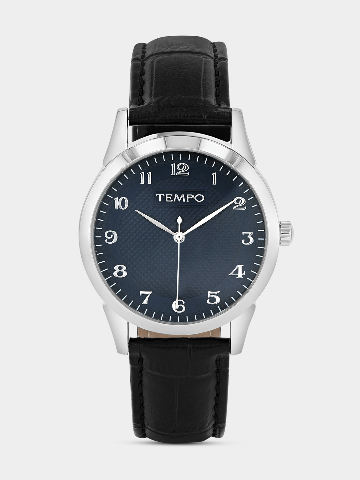 Tempo Silver Plated Blue Dial Black Leather Watch | Bash