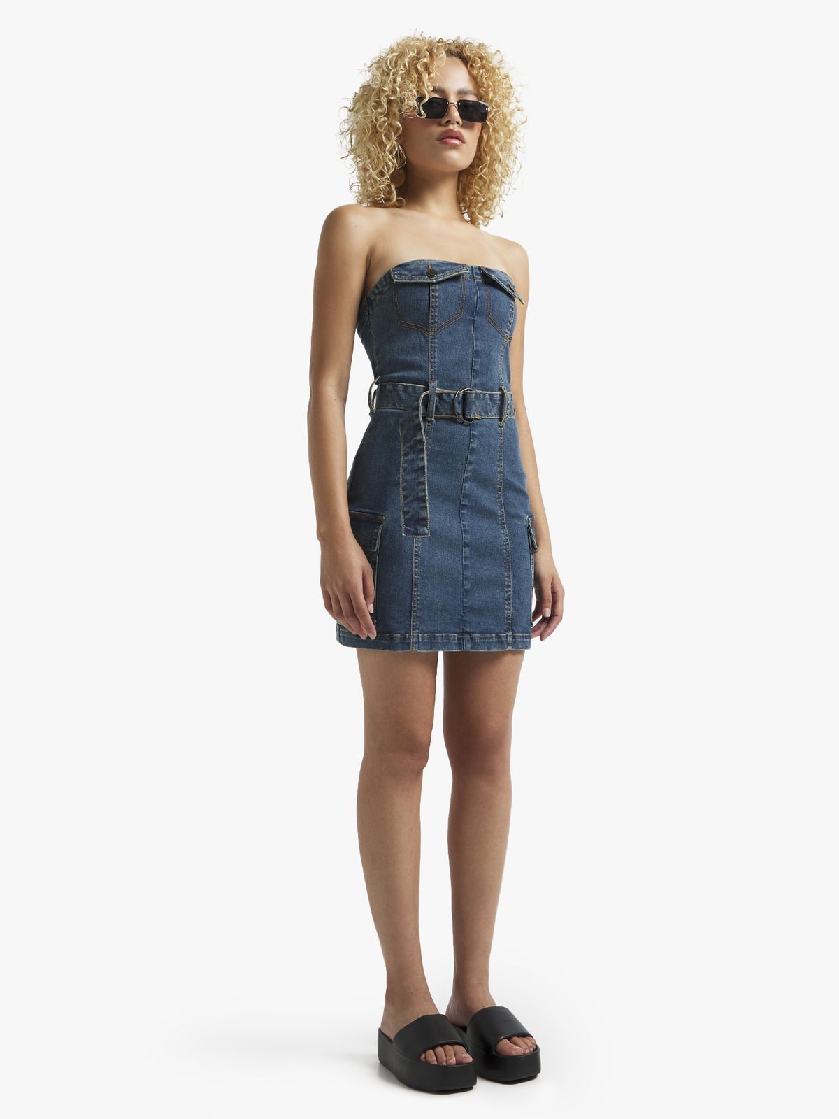 Women's Medium Wash Belted Mini Dress | Bash