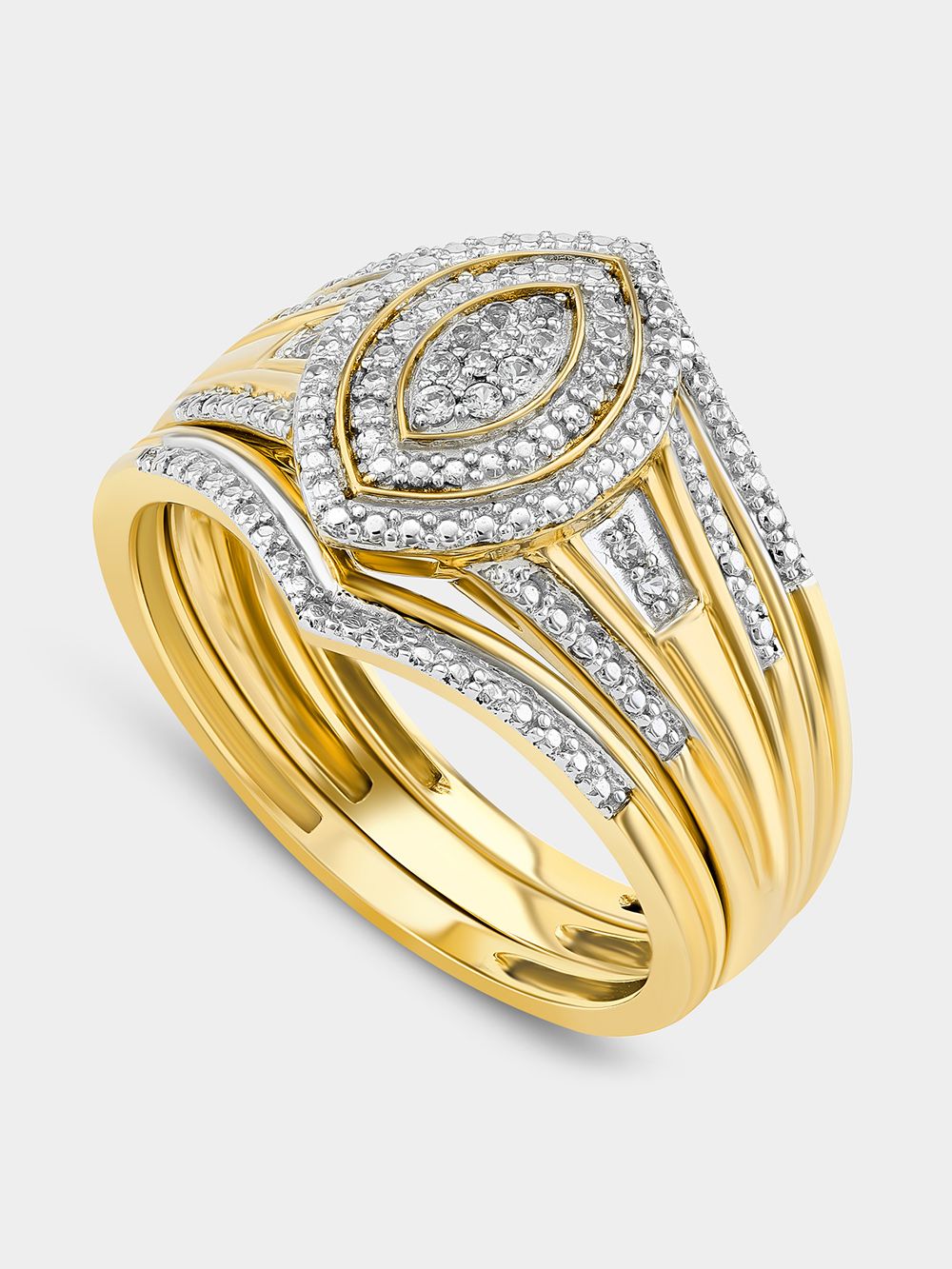 Yellow Gold Diamond & Created Sapphire Marquise Halo Triple Set Ring | Bash