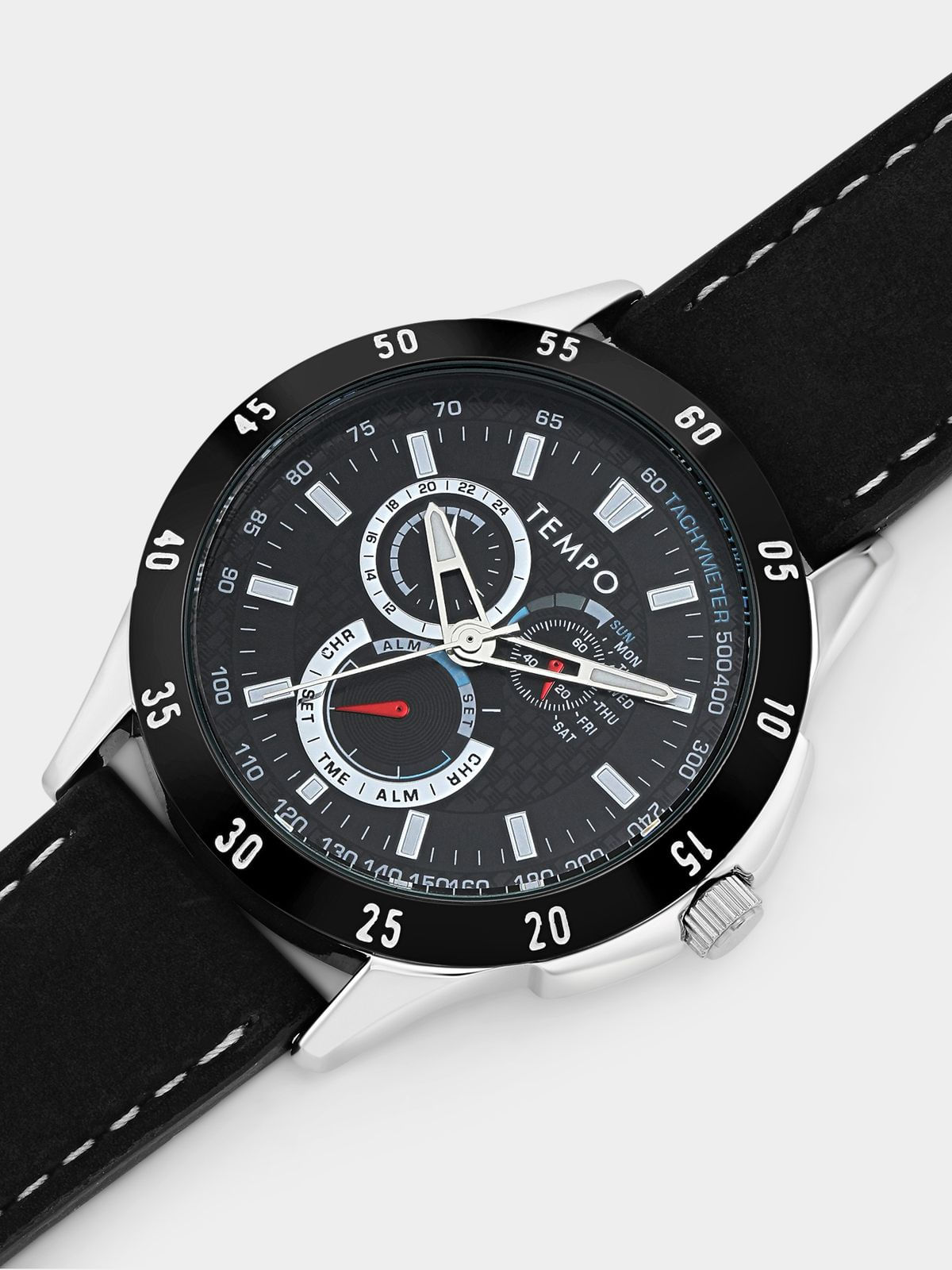 Tempo Black Plated Black Dial Black Leather Watch | Bash