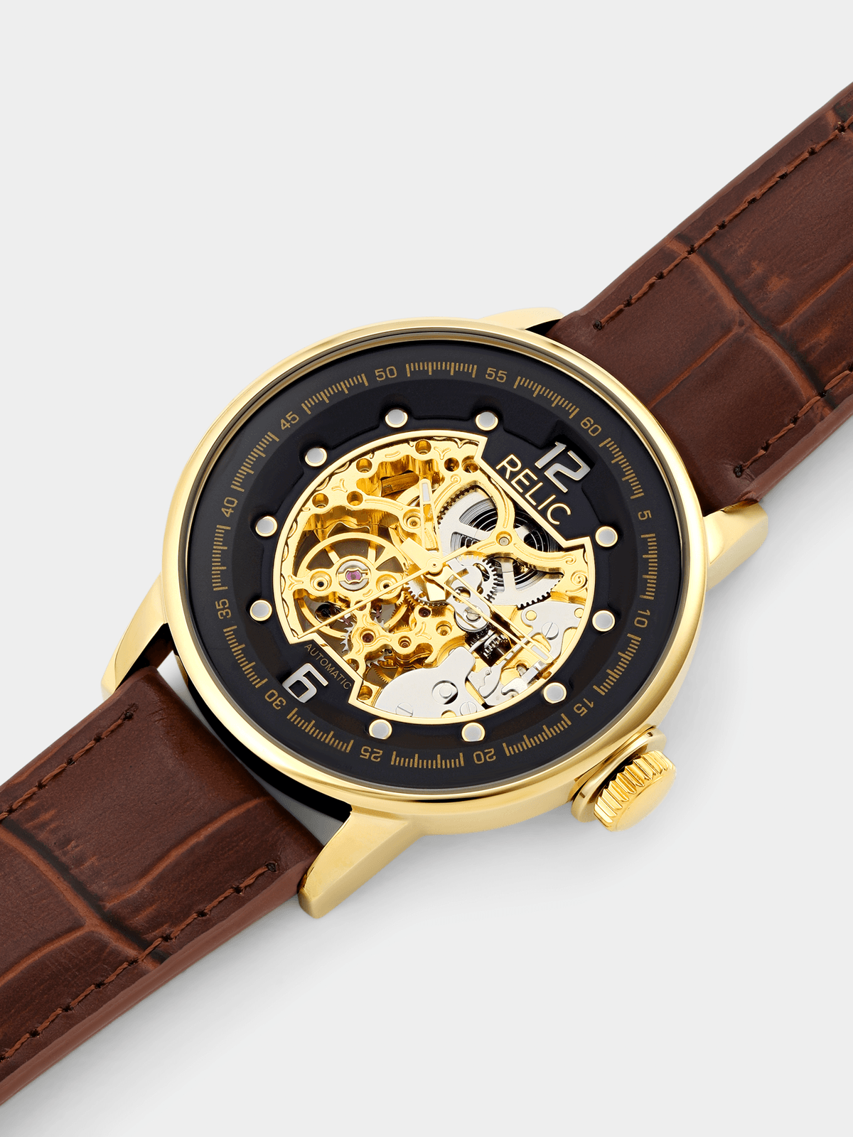 Relic By Fossil Damon Gold Plated Automatic Brown Leather Watch | Bash