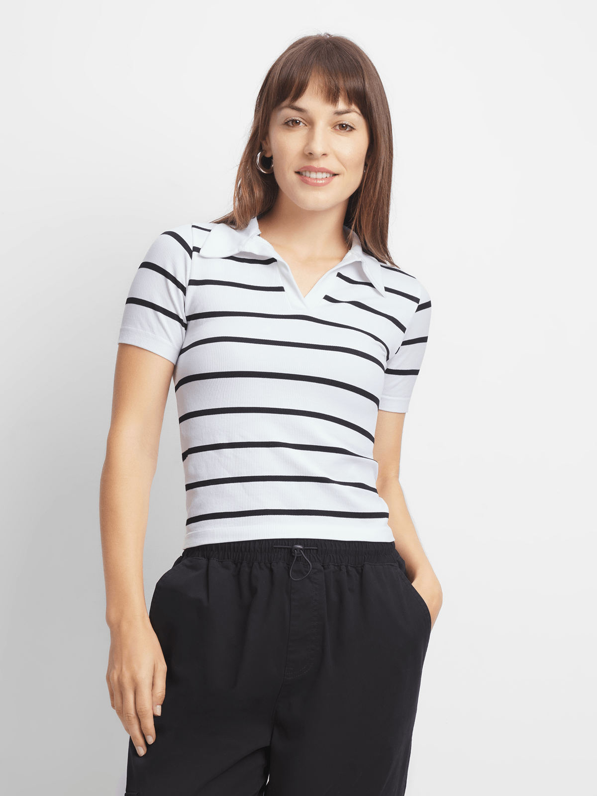 Exact Women's Black & White Striped Seamless Collar Top | Bash