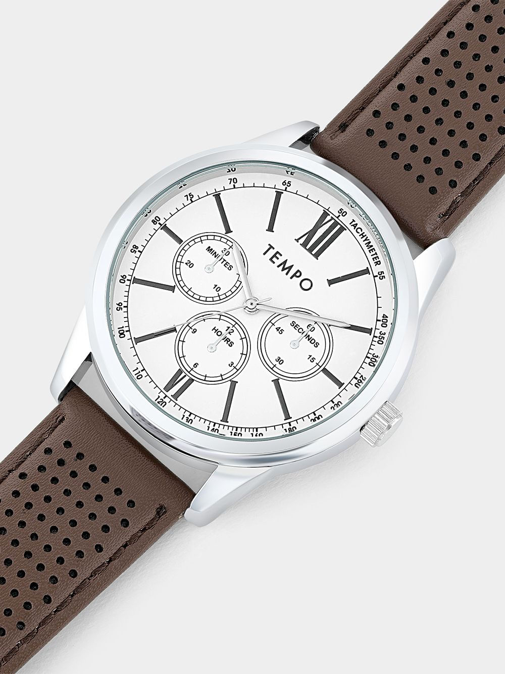 Tempo Men’s Silver Plated Beige Dial Brown Leather Watch | Bash