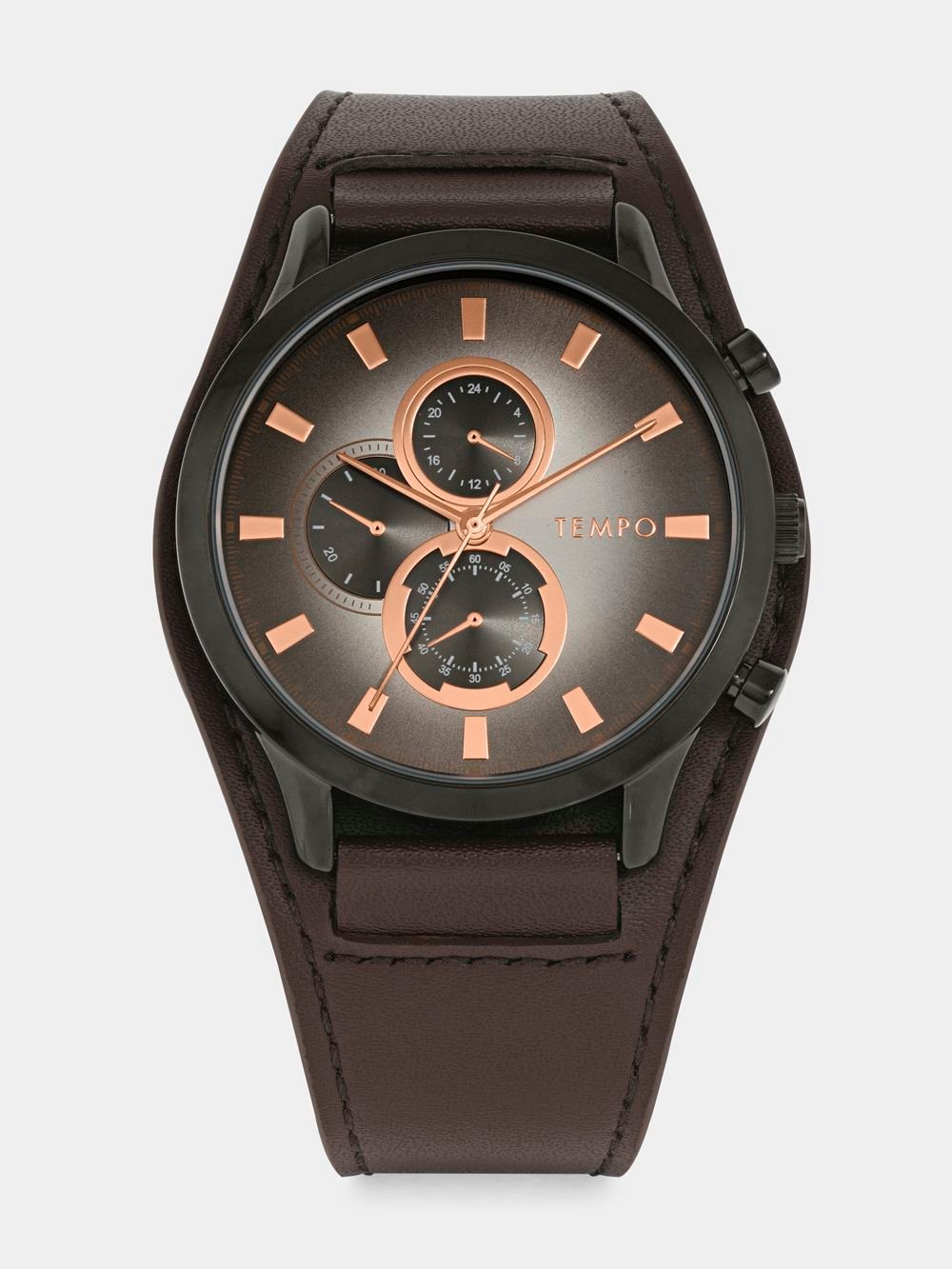 Tempo Men’s Gunmetal Plated Multi dial Brown Leather Watch | Bash
