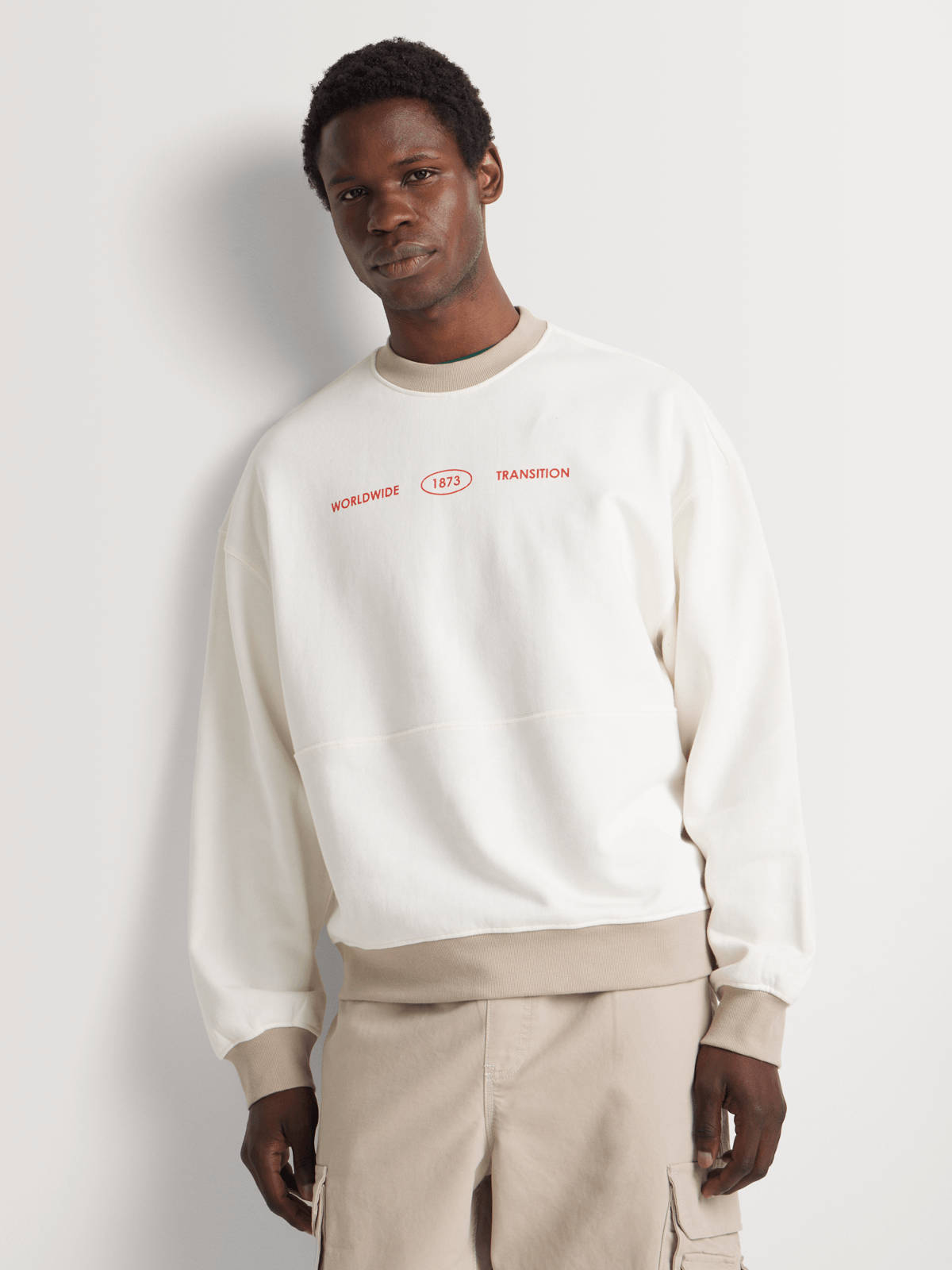 Markham Men's Graphic Contrast Neck Purpose Crewneck Stone Sweater | Bash