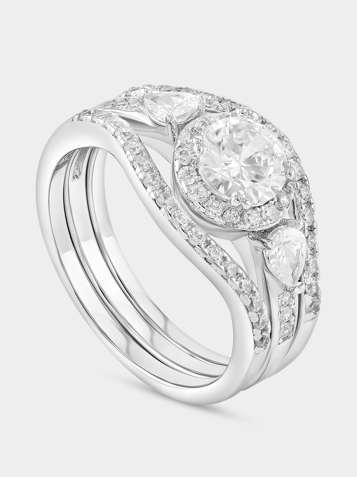 Sterling Silver Cubic Zirconia Round Halo Triple Set Ring | Bash