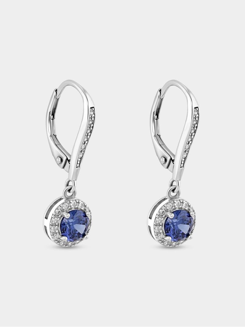 Sterling Silver Tanzanite Blue Cubic Zirconia Round Halo Drop Earrings | Bash