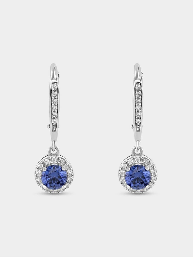 Sterling Silver Tanzanite Blue Cubic Zirconia Round Halo Drop Earrings | Bash