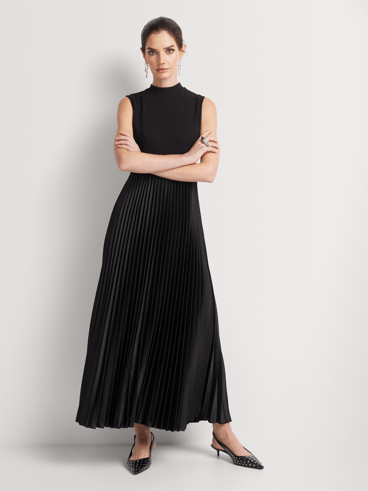 Fit & Flare Pleated Satin Combo Dress | Bash