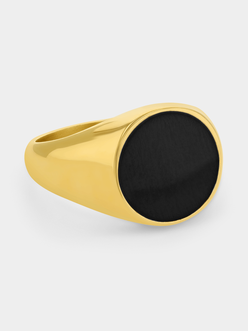 Gold Plated Stainless Steel Black Inlay Round Signet Ring | Bash