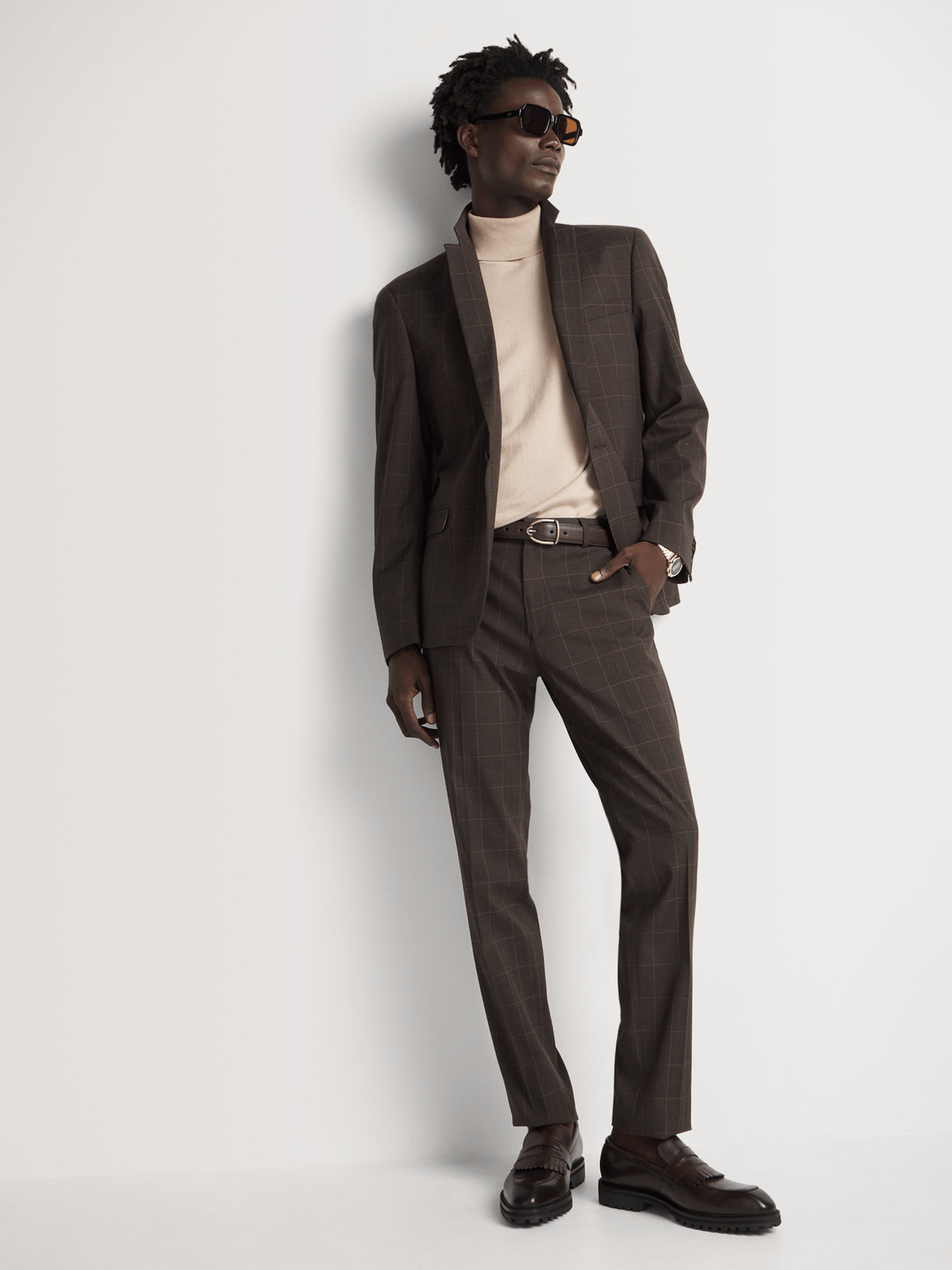 Markham Men's Slim Fit Textured Windowpane Check Brown Suit Jacket | Bash