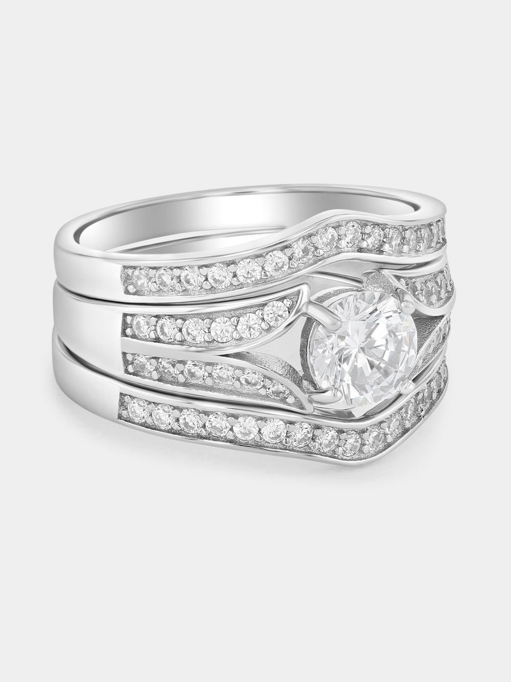 Sterling Silver Cubic Zirconia Round Fluted Triple Set Ring | Bash