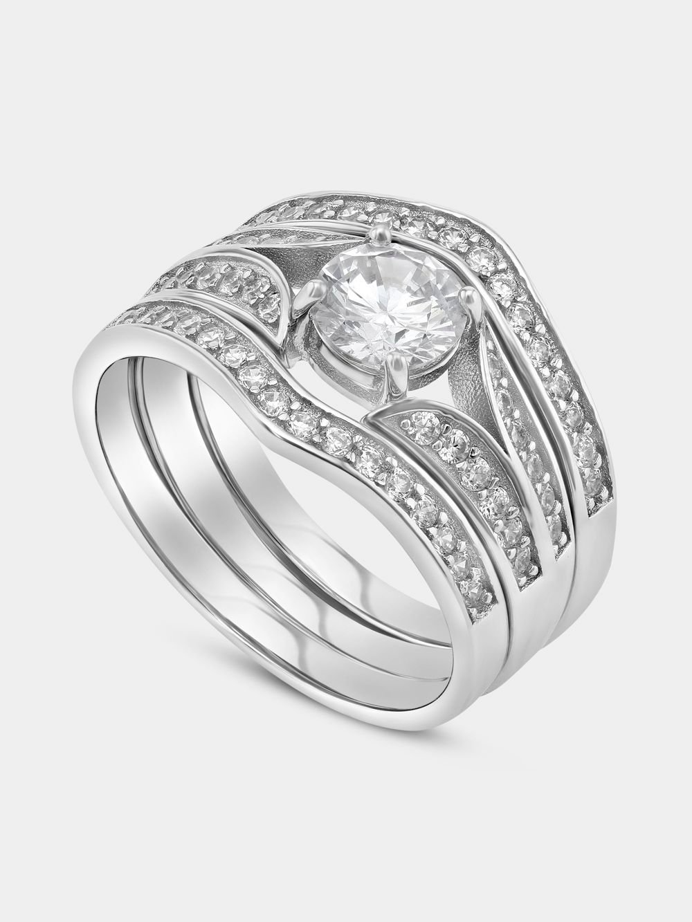 Sterling Silver Cubic Zirconia Round Fluted Triple Set Ring | Bash